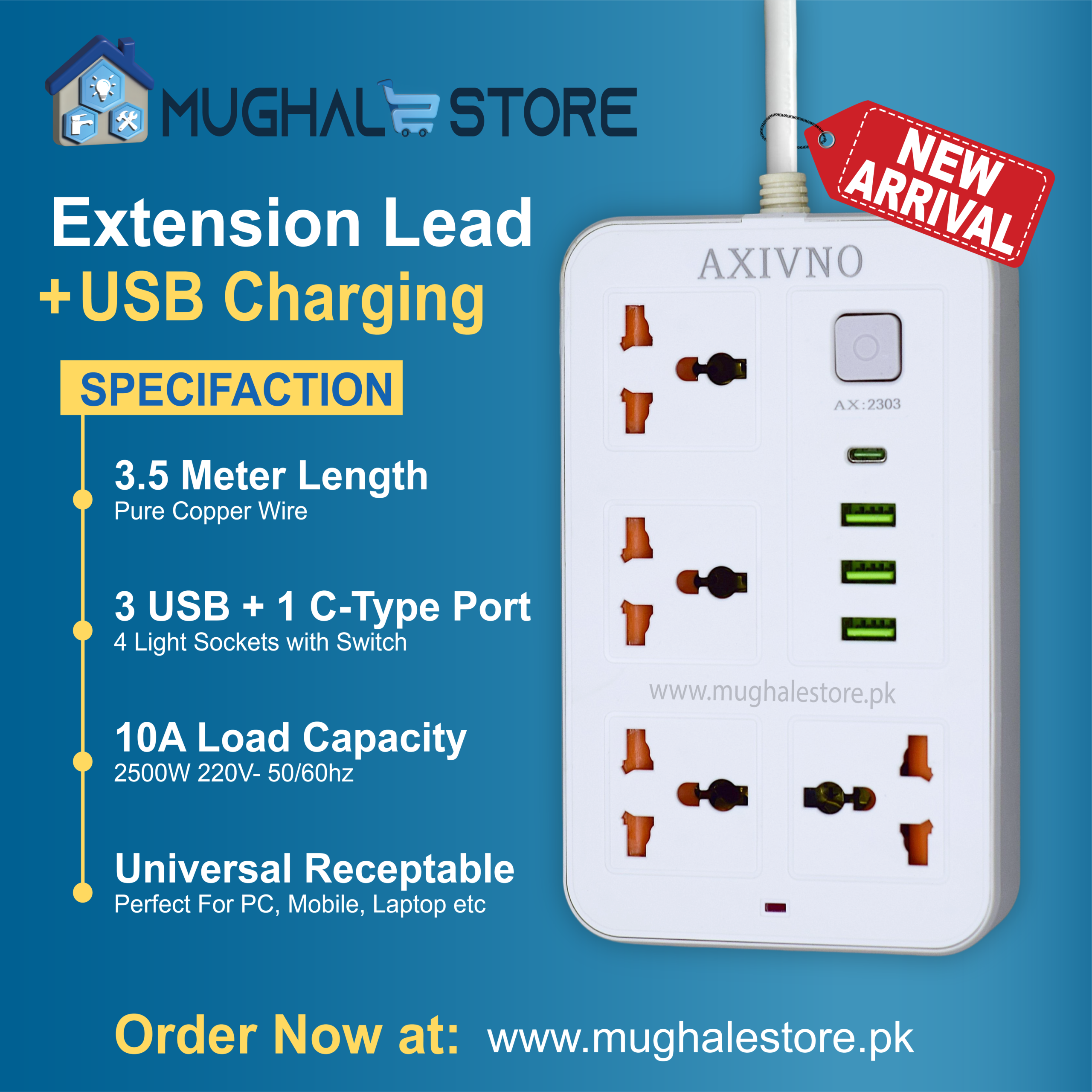 Extension Lead With USB & C-Type Port - mughal e store